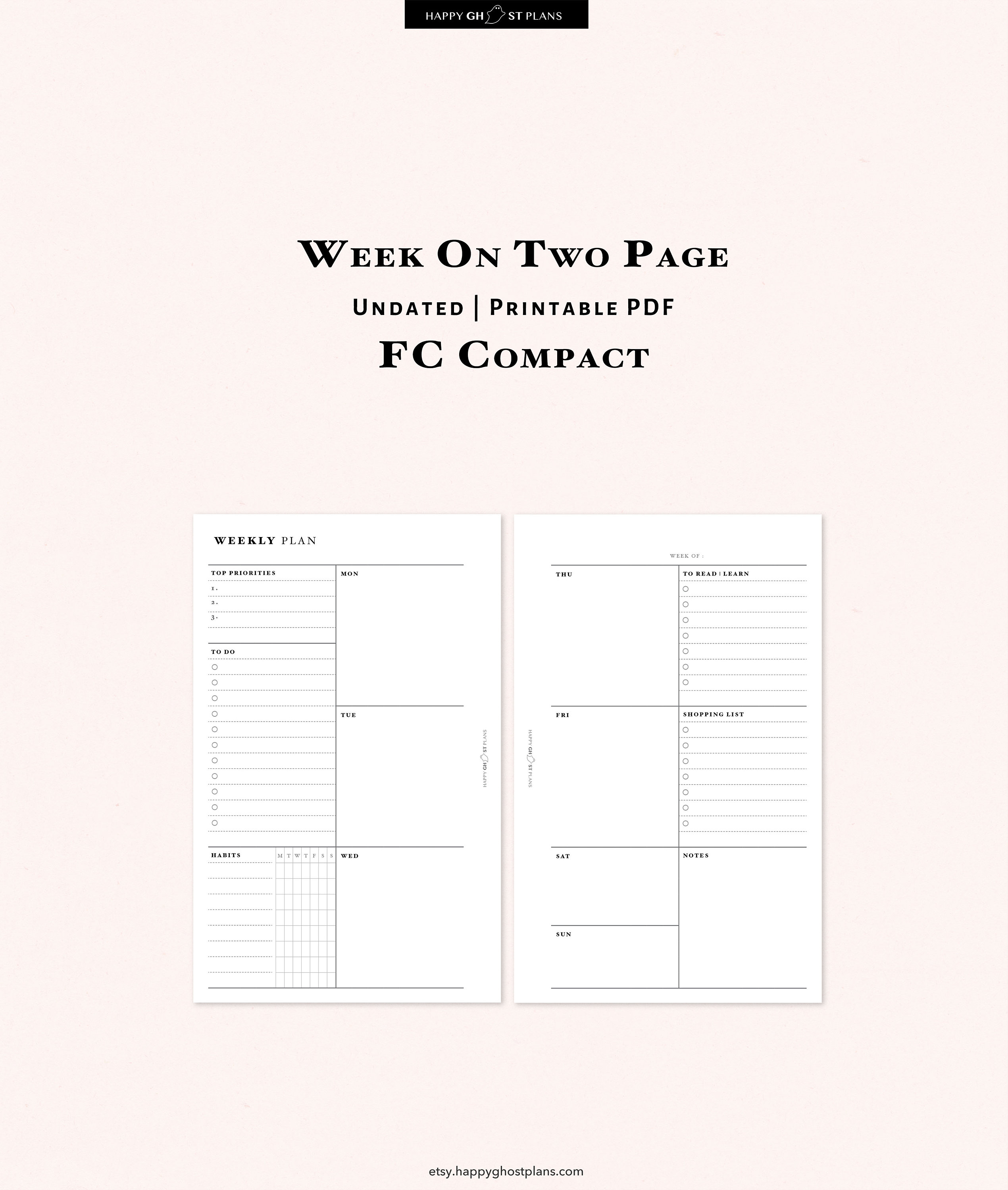 Week on 2 Page Planner Printable Fc-compact Inserts Undated Weekly ...