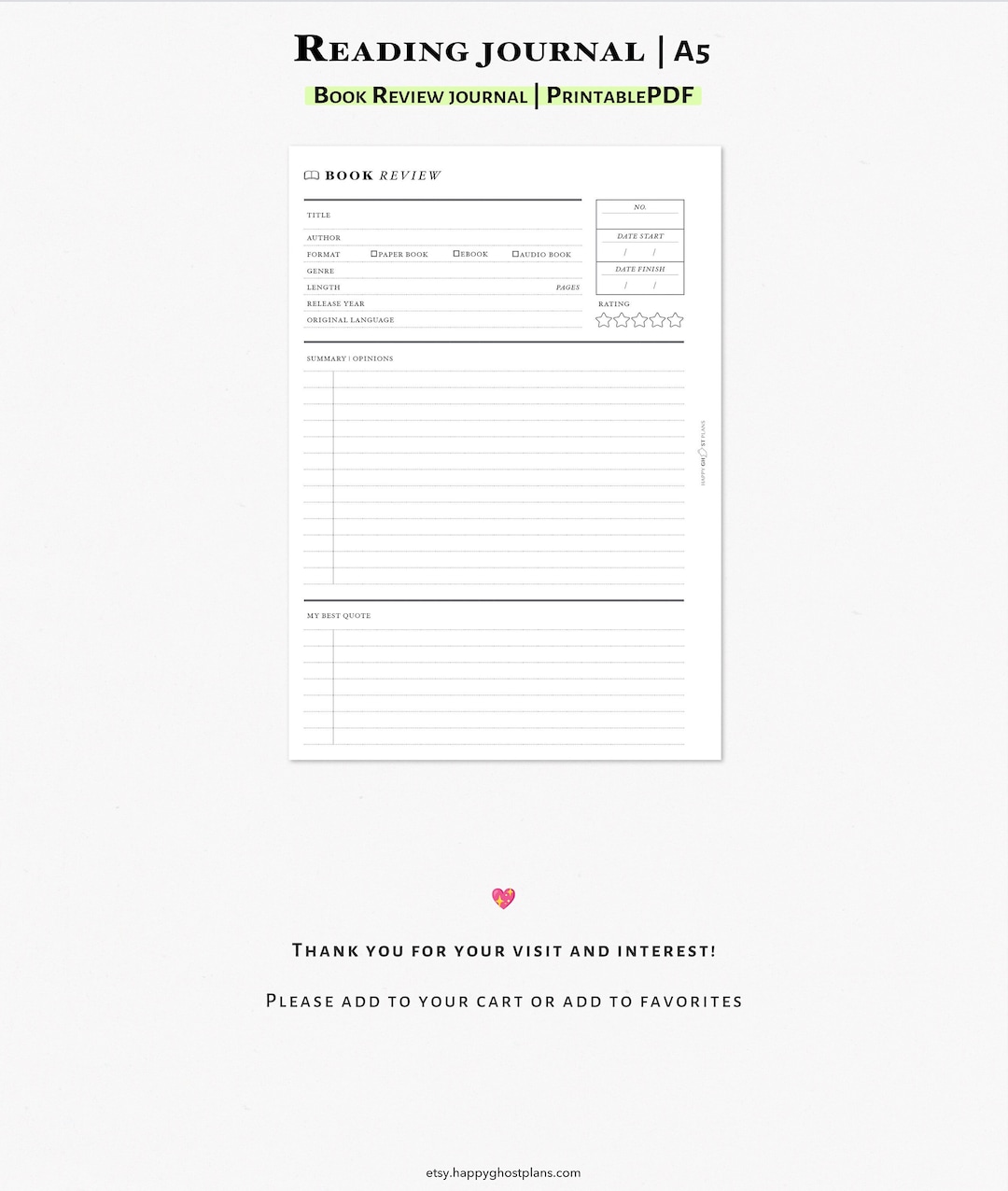 Reading Journal, Book Review Template | Printable Insert for A5 Planner ...