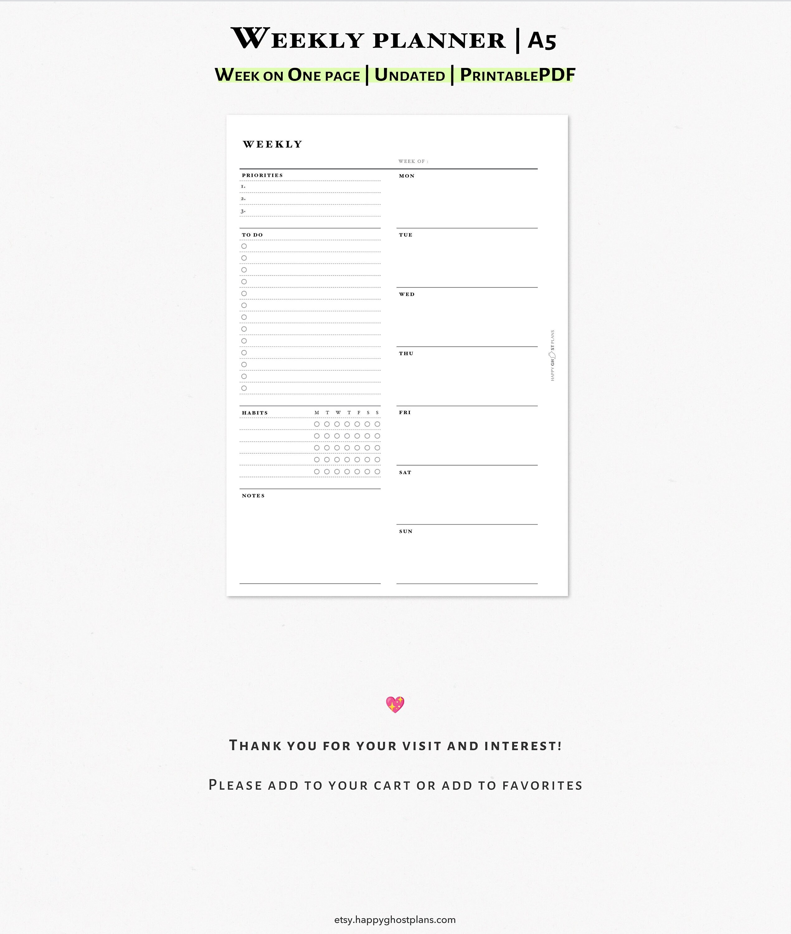 Weekly Planner Printable Insert for A5 Planner | Single Page Weekly ...
