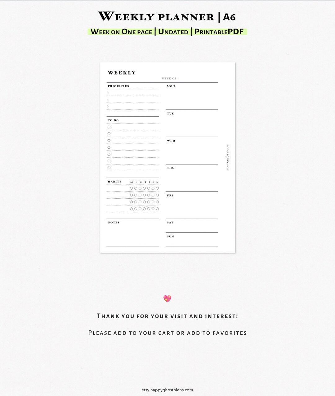 Weekly Planner Printable Insert for A6 Planner | Single Page Weekly ...