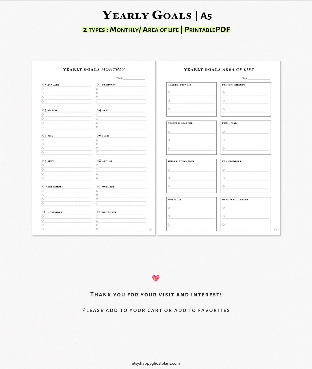 Yearly Goal Setting Planner Printable Insert for A5 Planner Bundle of ...