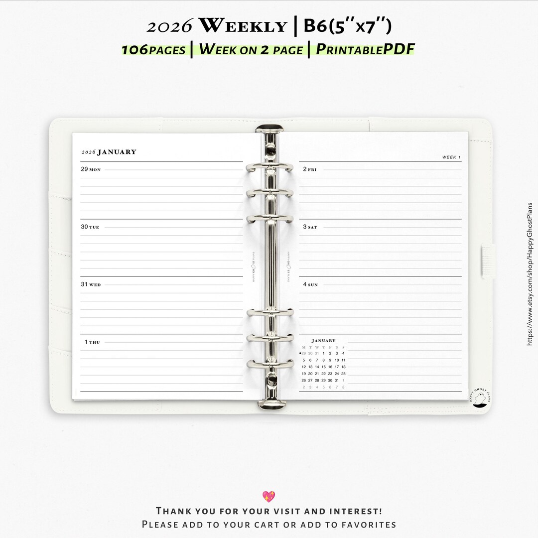 2026 Weekly Planner, Printable Insert for B6(5x7 In) Size Planner ...