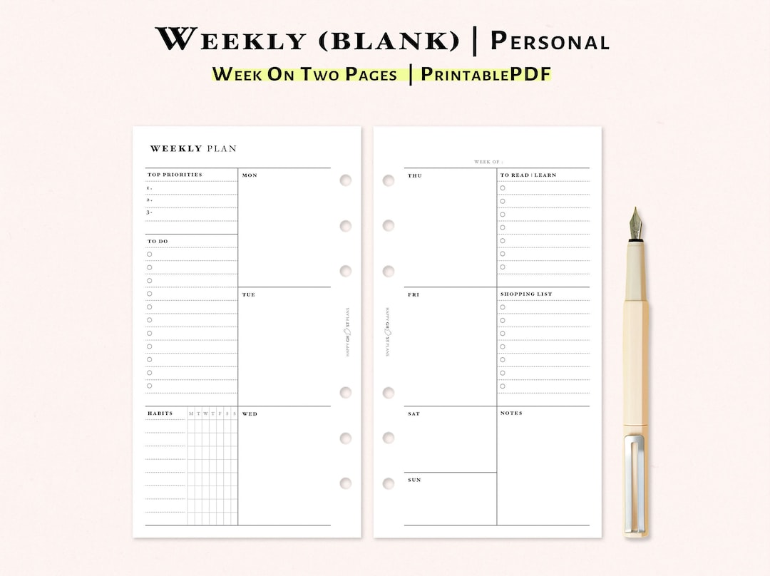 Week on 2 Page Planner Printable Personal Size Inserts - Etsy