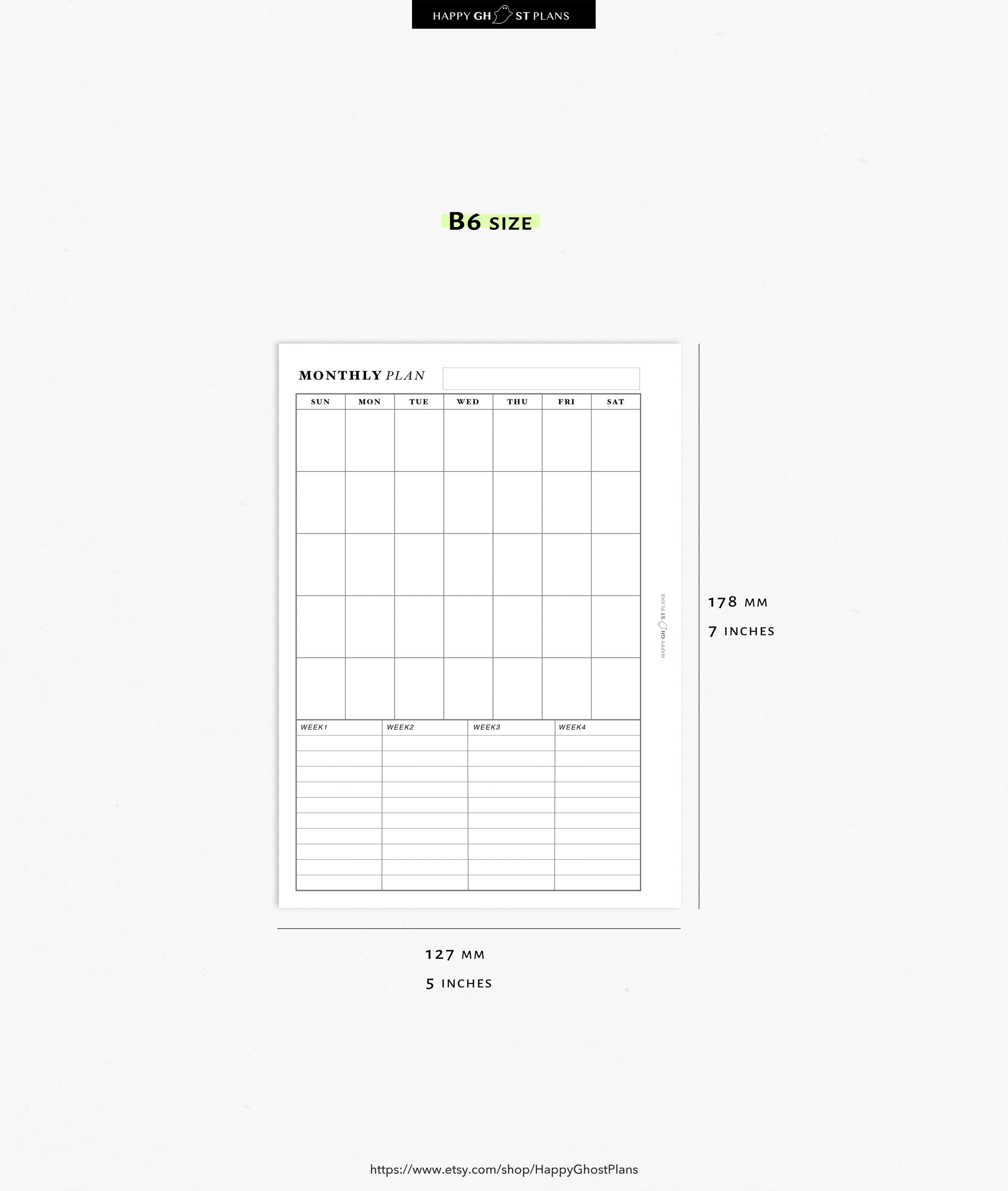 Monthly Planner, Printable Insert for B6 Size (5x7 In) Planner | M122 ...