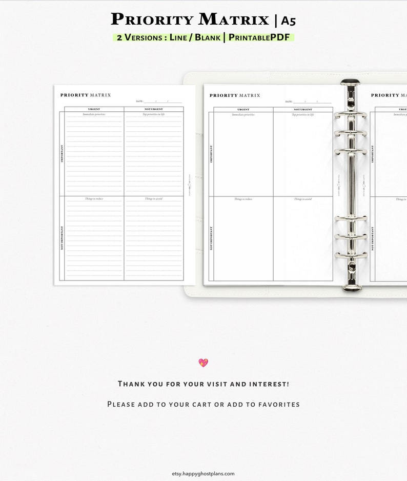 Priority Matrix Printable A5 Planner Insert Important Urgent Matrix for Prioritization ...