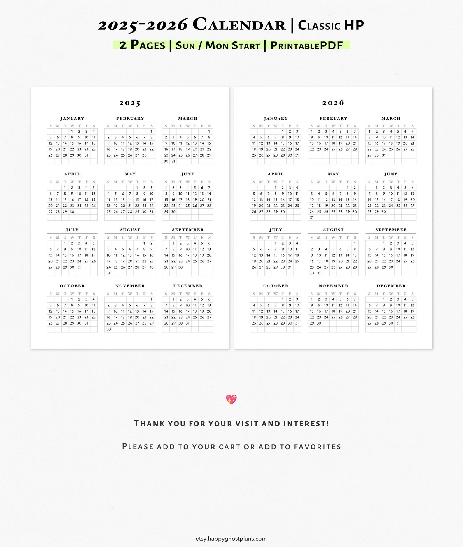 Yearly Calendar 2025-2026, Printable Insert for Happy Planner Classic ...