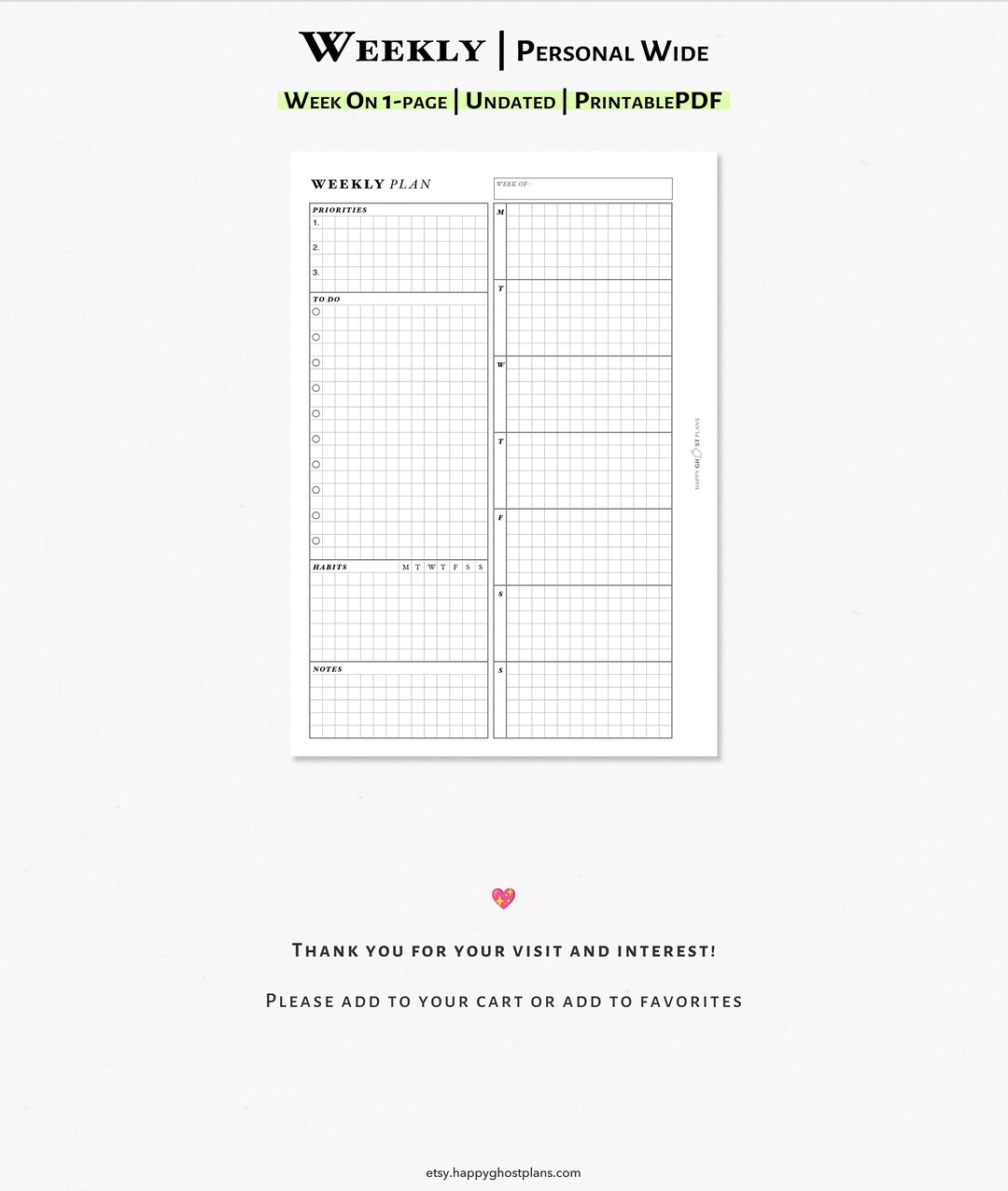 One-page Weekly Planner, Printable Insert for Personal-wide Planner ...