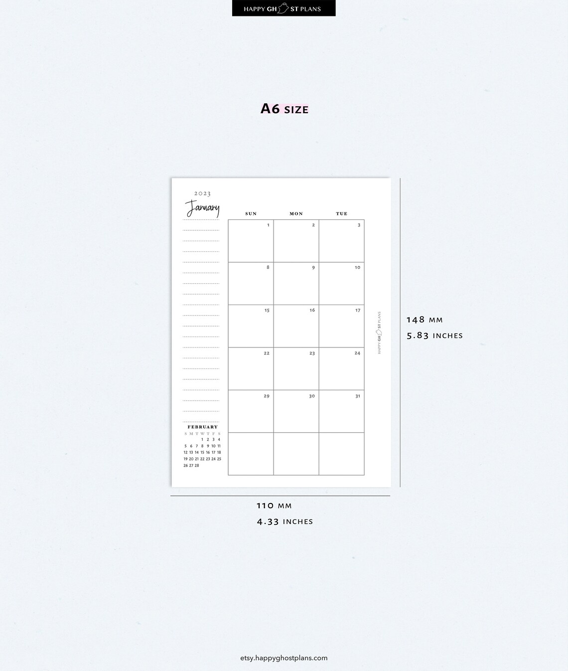 2023 Monthly Calendar Printable A6 Size Inserts 2023 Two - Etsy