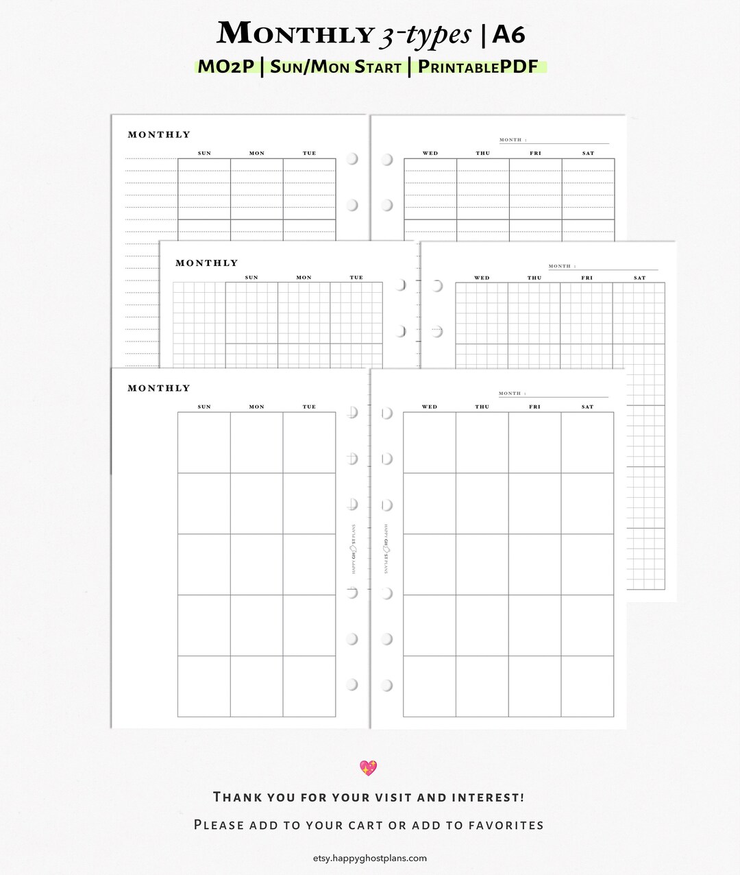 Month on 2 Page Planner Printable A6 Size Inserts | Two Page Monthly ...