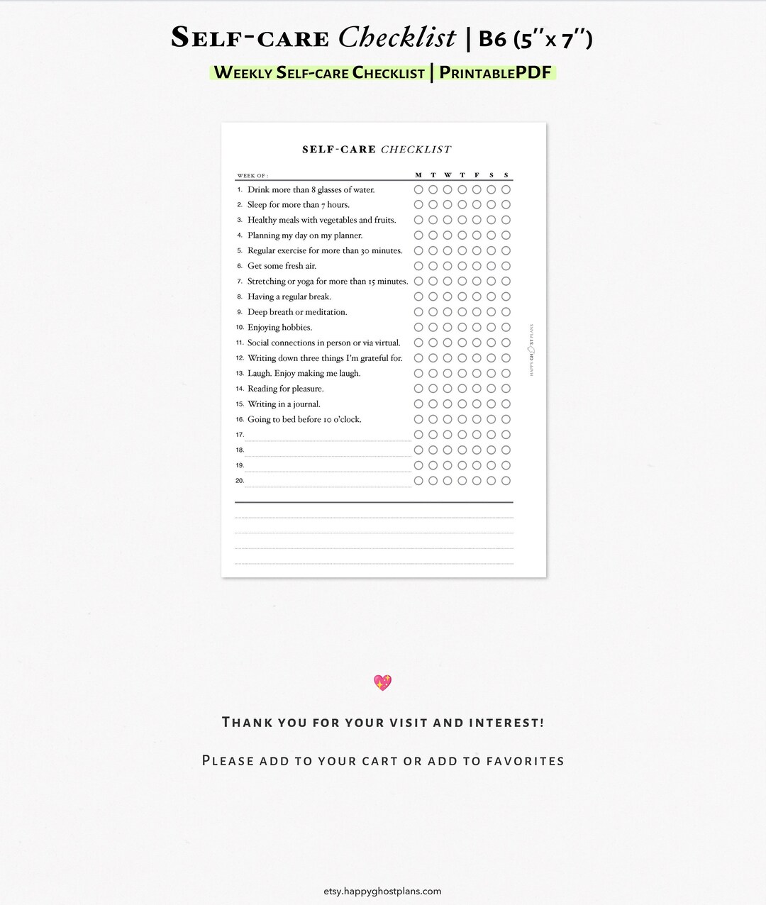 Self-care Checklist With Prompts, Printable Insert for B6 5x7in Planner ...