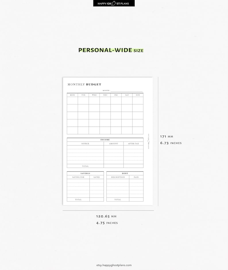 Monthly Budget Planner Printable Personal Wide Planner Insert - Etsy