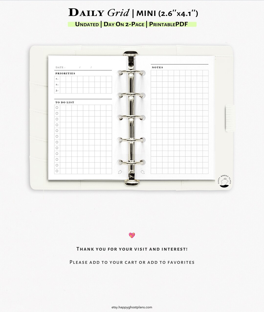 Mini Daily Planner Inserts: Undated Grid, Day on Two Pages (PDF ...
