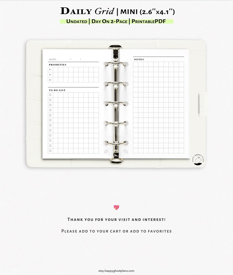 Mini Daily Planner Inserts: Undated Grid, Day on Two Pages (PDF ...