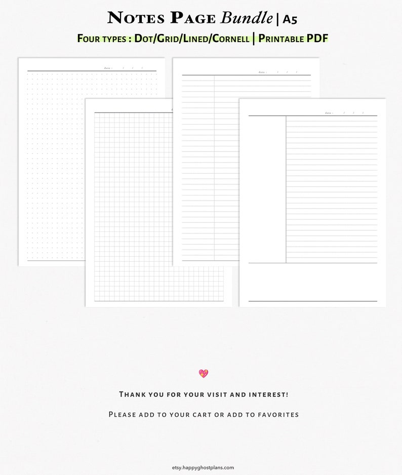 Notes Pages Printable Insert for A5 Planner Lined Note Cornell Note Dot ...
