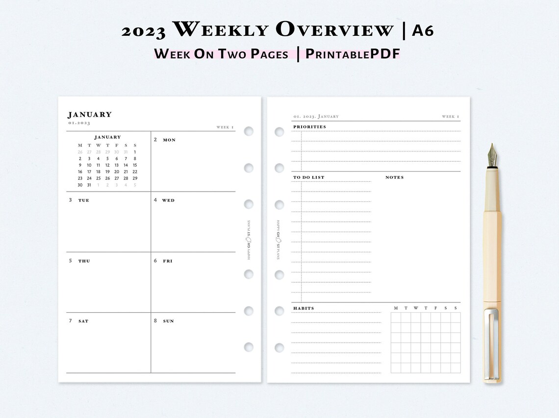 2023 Weekly Overview Printable A6 Size Inserts Dated Weekly - Etsy