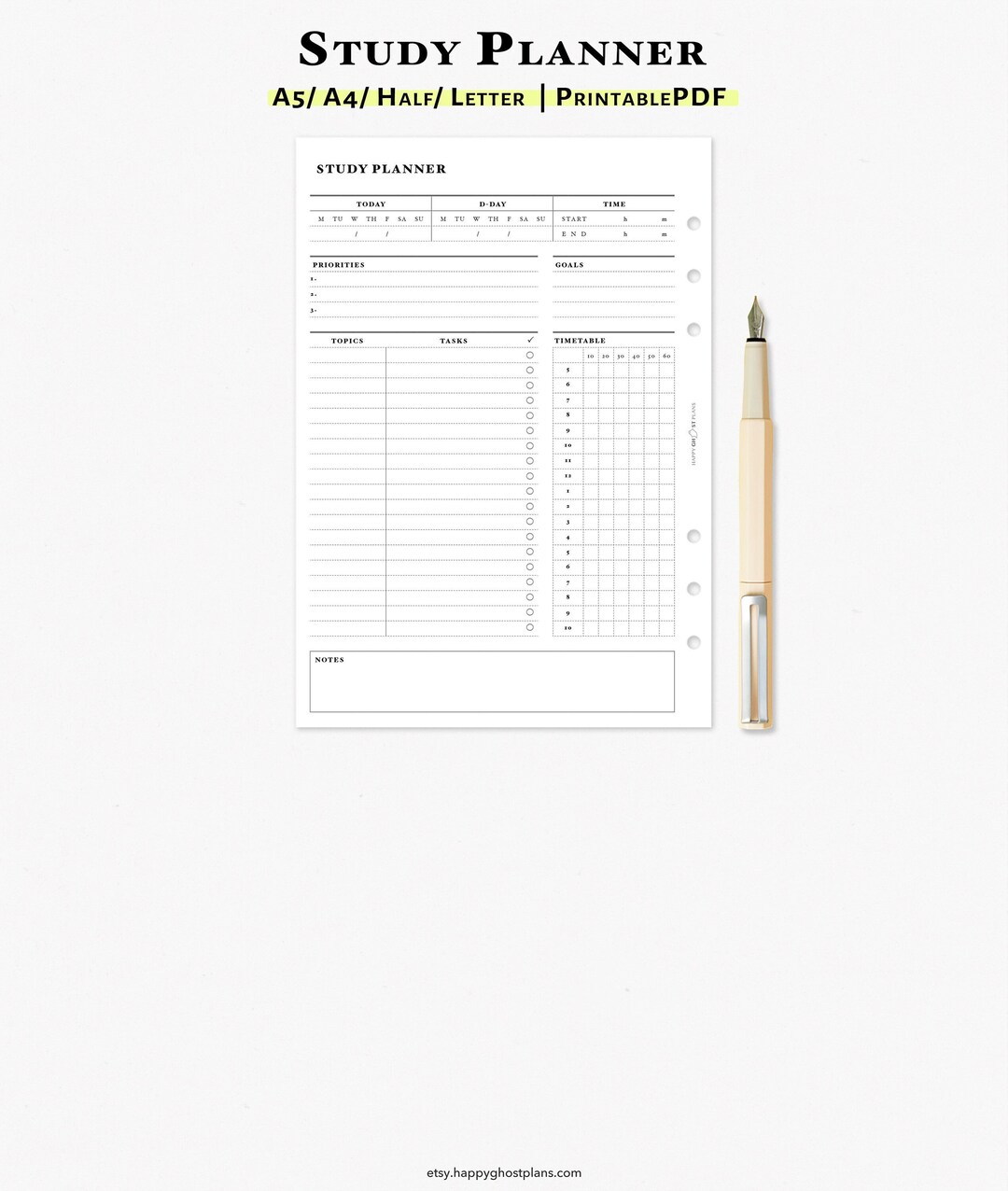 Study Planner Printable A5, A4, Letter, Half Size Students Daily ...