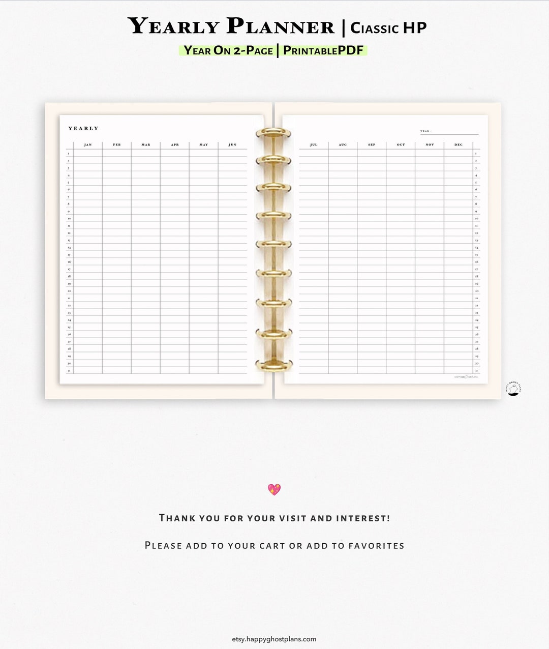 Year at a Glance Planner Printable Classic Happy Planner Insert Undated ...