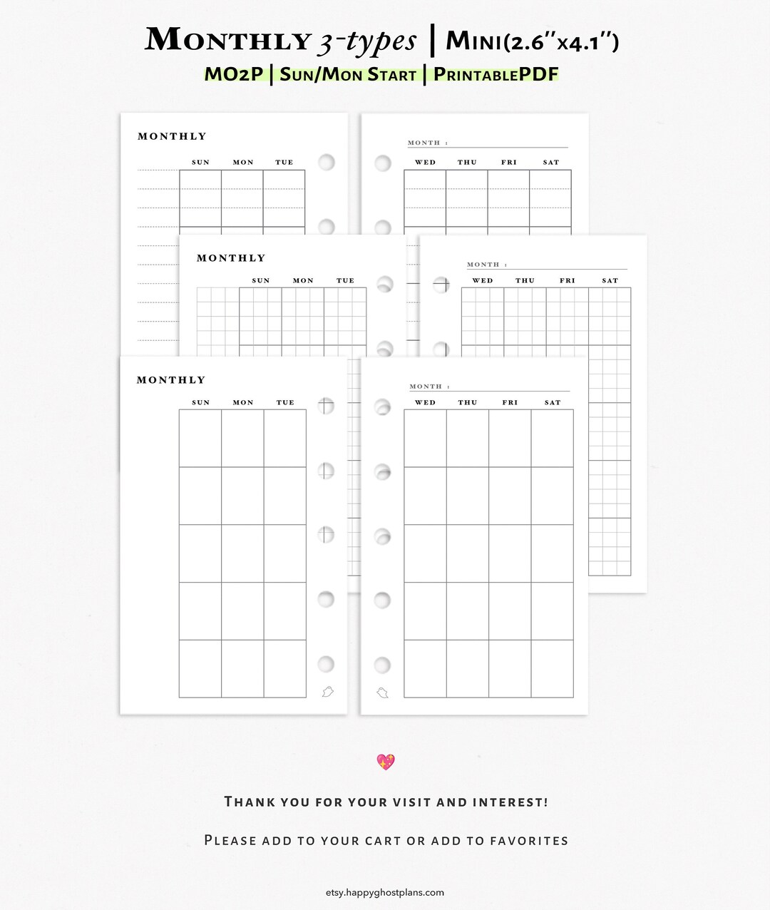Mini Monthly Planner Insert: Undated Month on 2 Page (PDF Printable ...