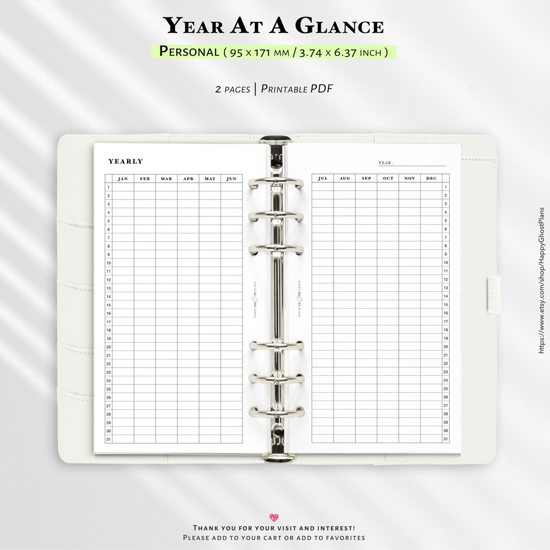 Yearly Calendar: Year at A Glance Planner Printable Personal PDF | Y103 ...
