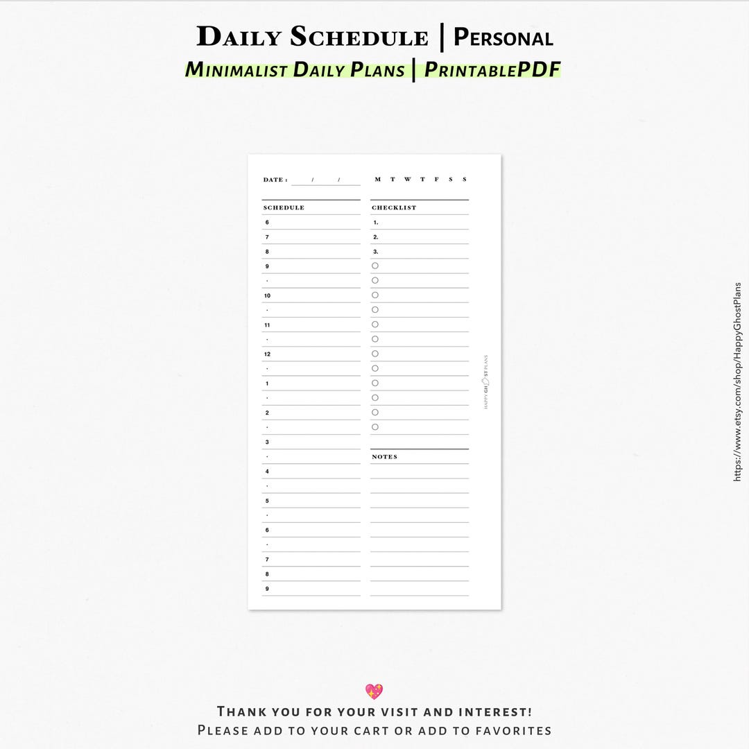 Daily Schedule Planner Printable Personal Size Inserts | Hourly Daily ...