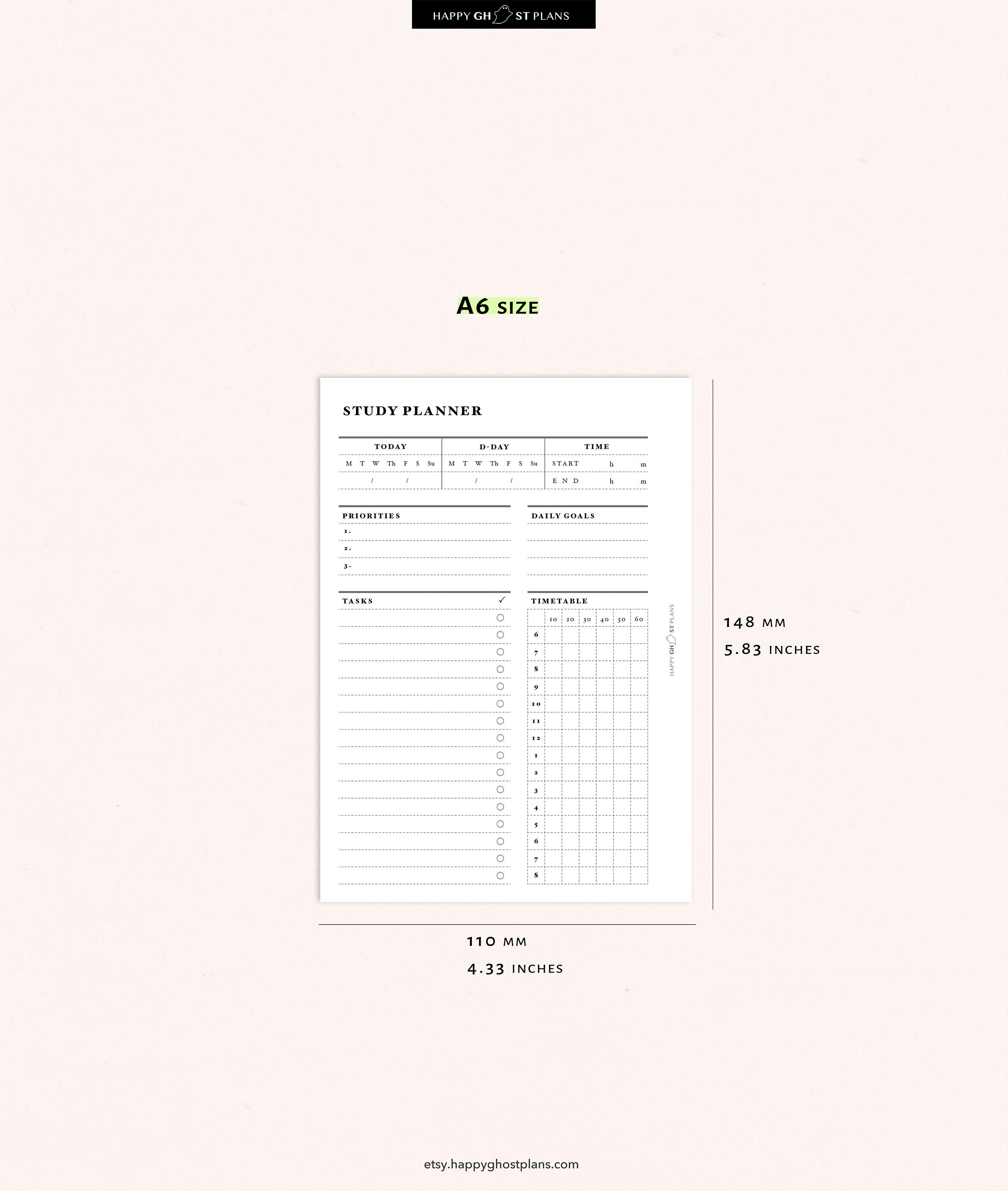 Study Planner Printable A6, Personal, Personal-wide, Fc-compact Size ...