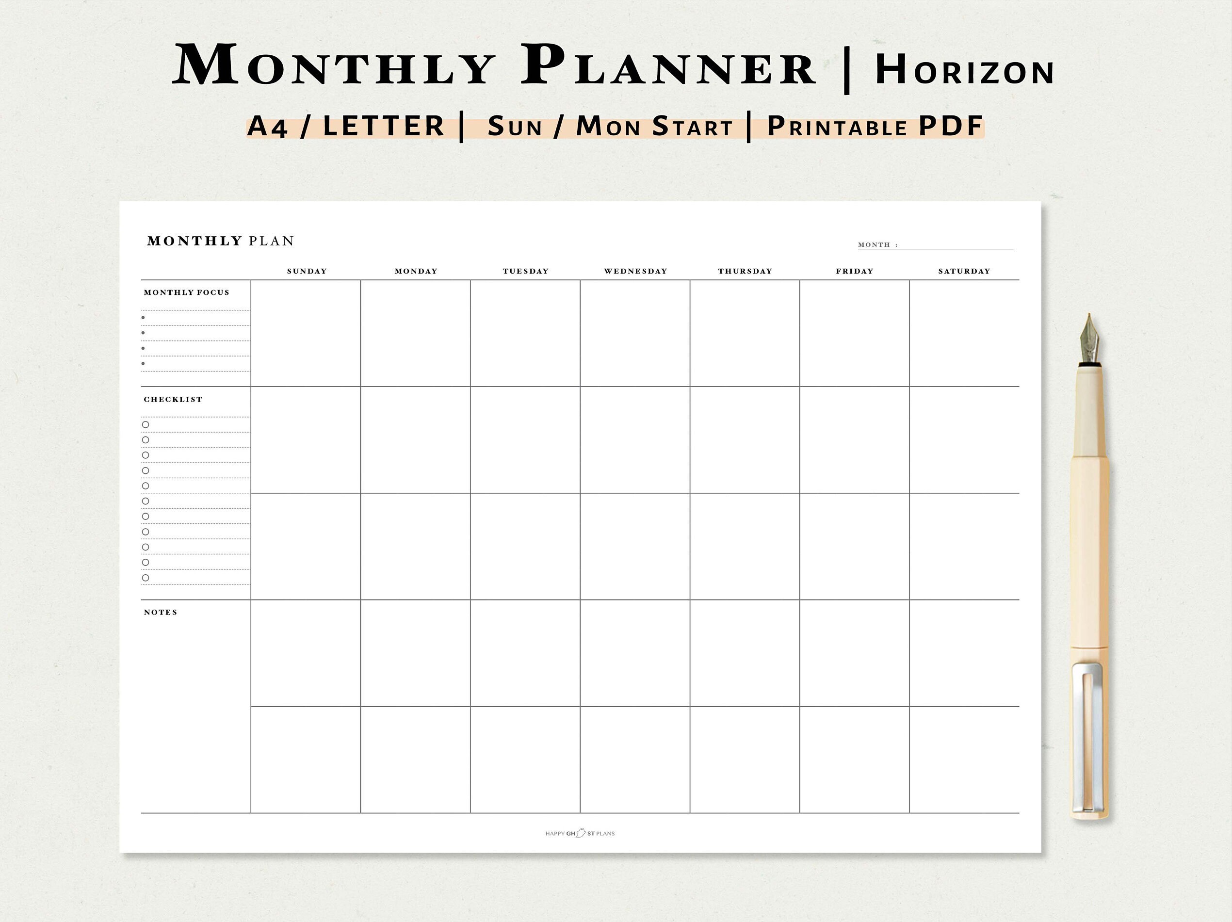 Download Printable Simple Monthly Calendar Horizontal Pdf