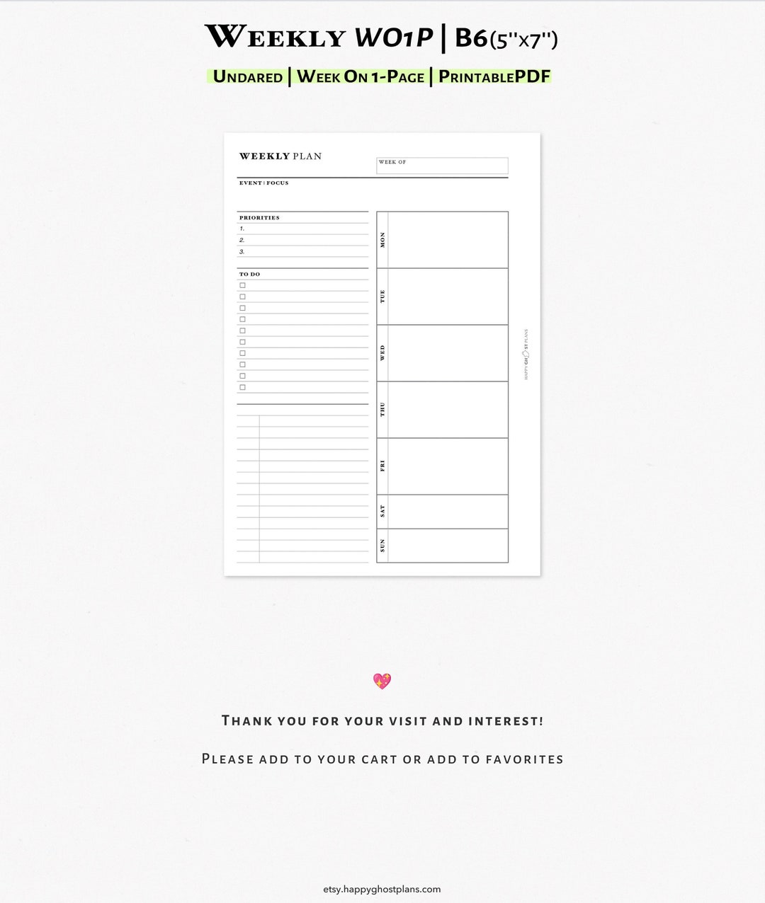 One-page Weekly Planner Printable Insert for B6(5x7) Size Planner ...