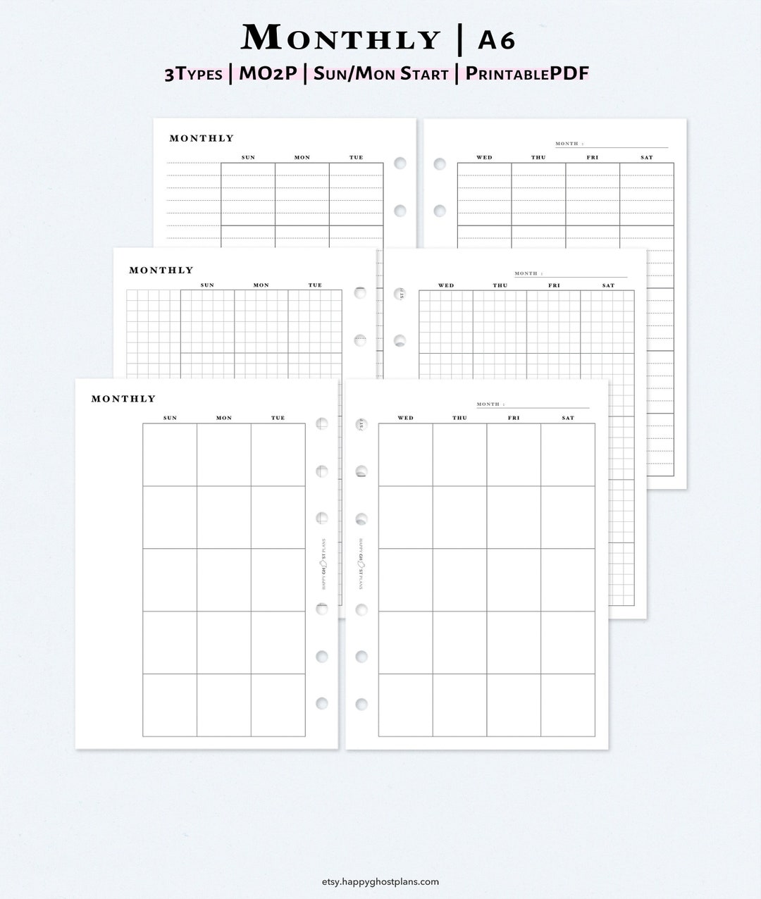 Month on 2 Page Planner Printable A6 Size Inserts Two Page - Etsy