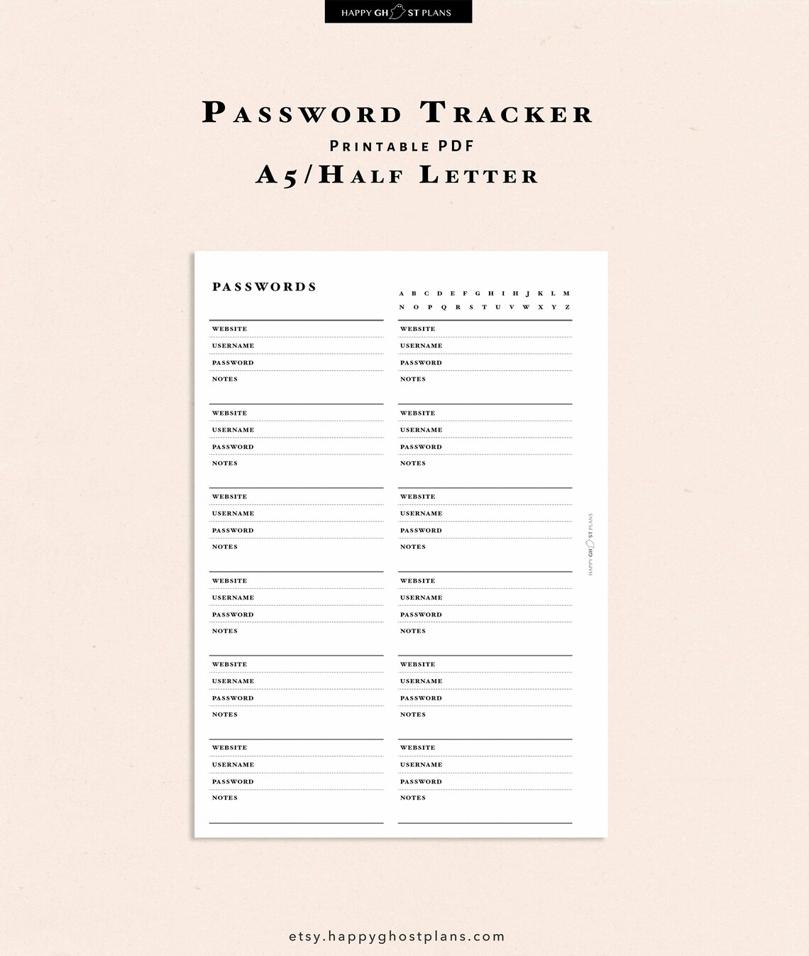 Password Tracker Printable PDF A5 Half-letter Size Password - Etsy
