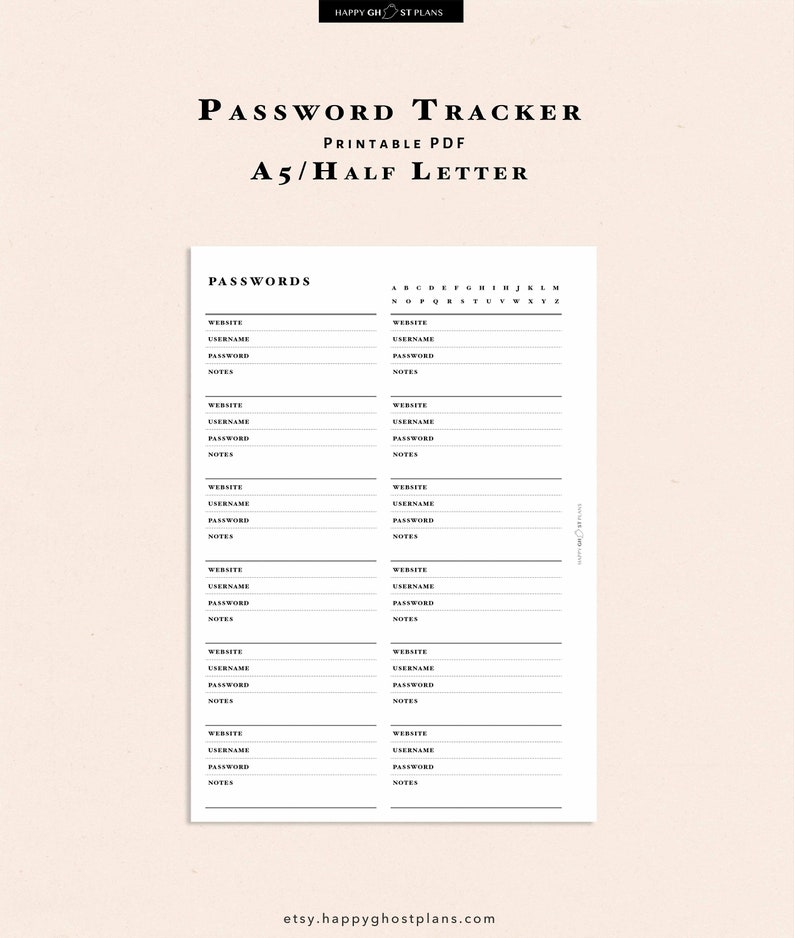 Password Tracker Printable PDF A5 Half-letter Size Password - Etsy