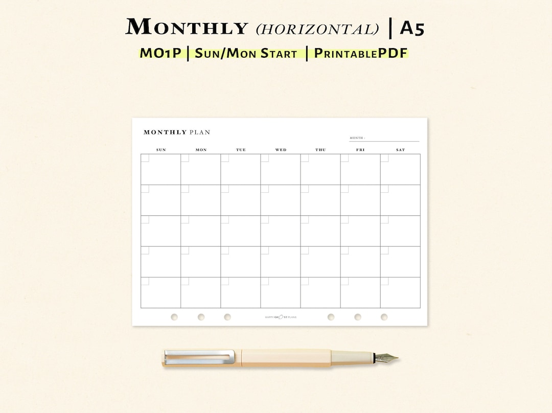Horizontal Monthly Planner Printable A5 Inserts Undated - Etsy