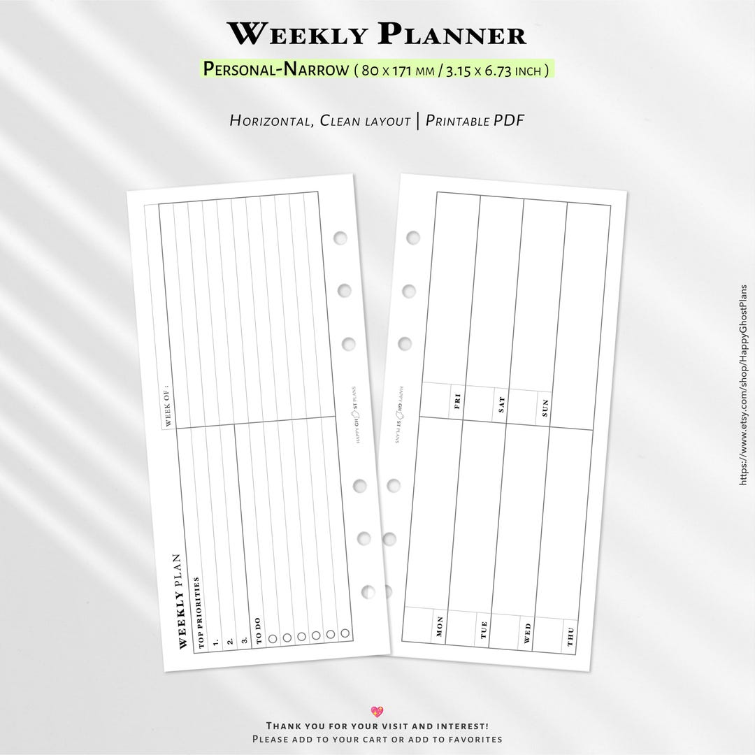 Horizontal Weekly Planner, Printable Personal-narrow PDF – Week on 2 ...