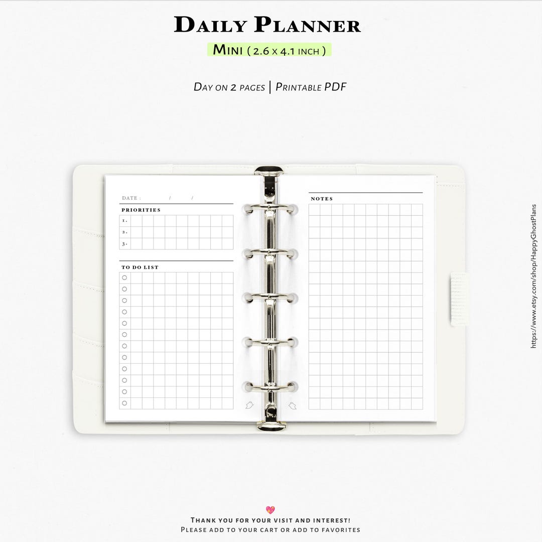 Mini Daily Planner Inserts: Undated Grid, Day on Two Pages (PDF ...