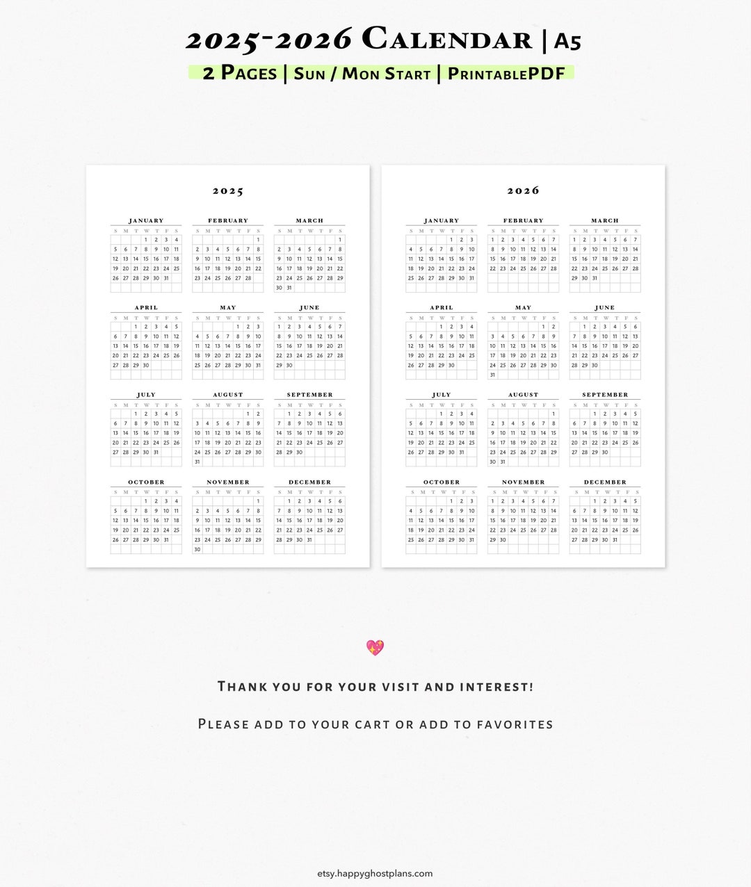 Yearly Calendar 2025-2026, Printable Insert for A5 Planner | Year at a ...