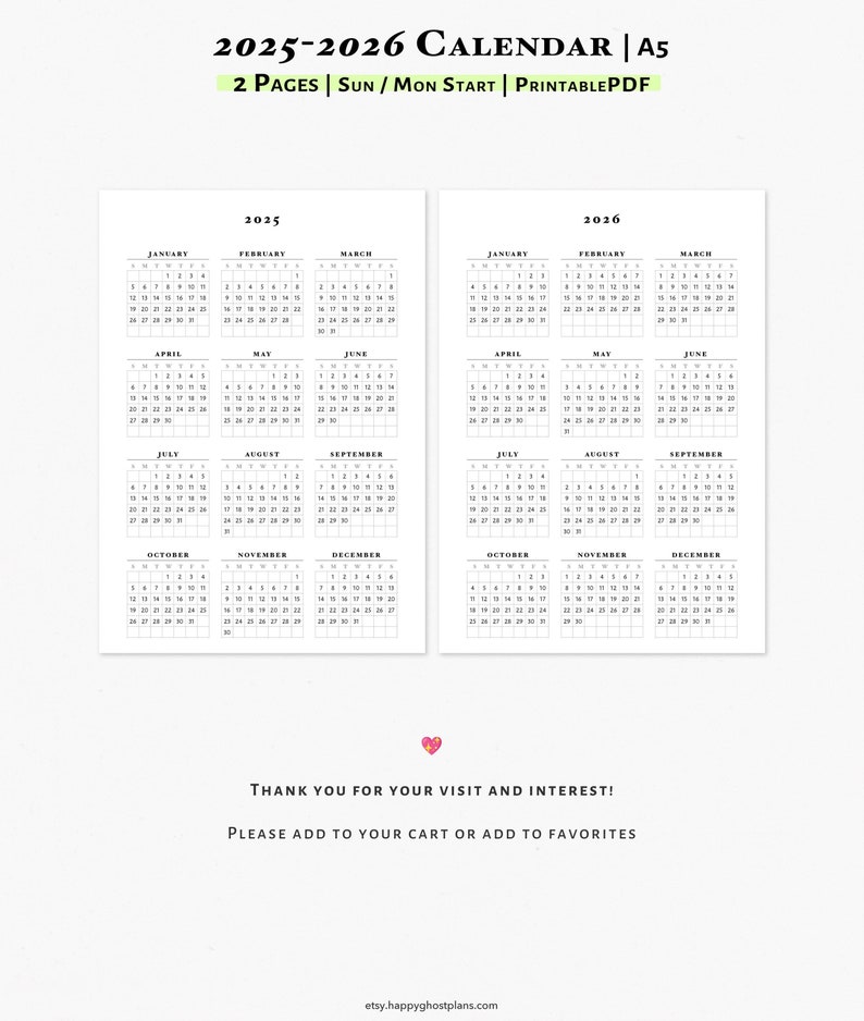 Yearly Calendar 2025-2026, Printable Insert for A5 Planner | Year at a ...