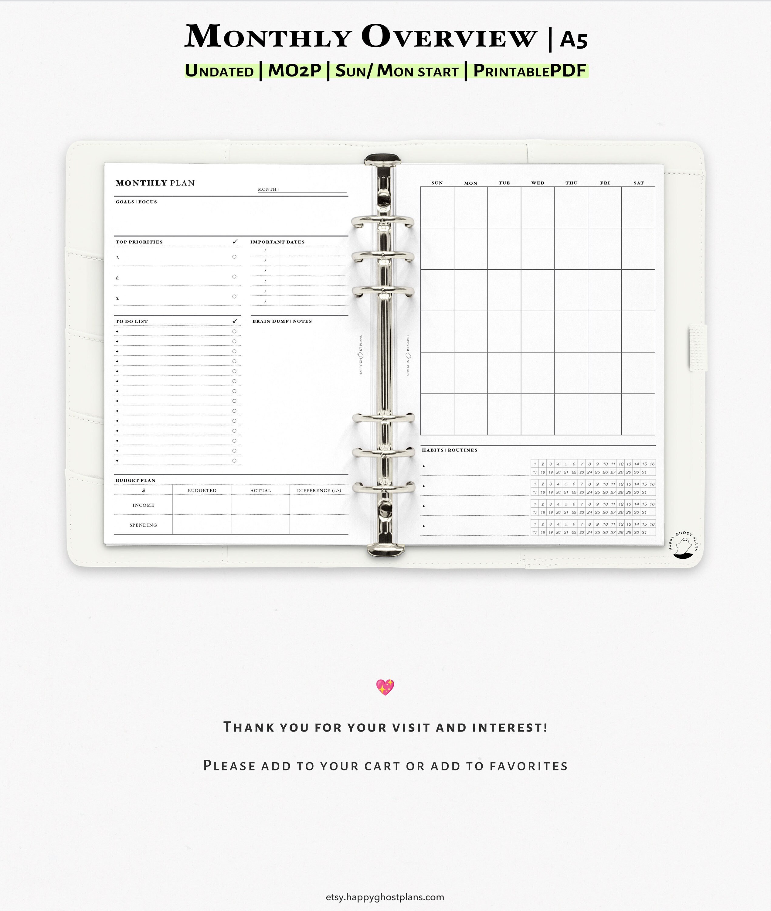 Monthly Overview Planner Printable Insert for A5 Planner MO2P Undated ...