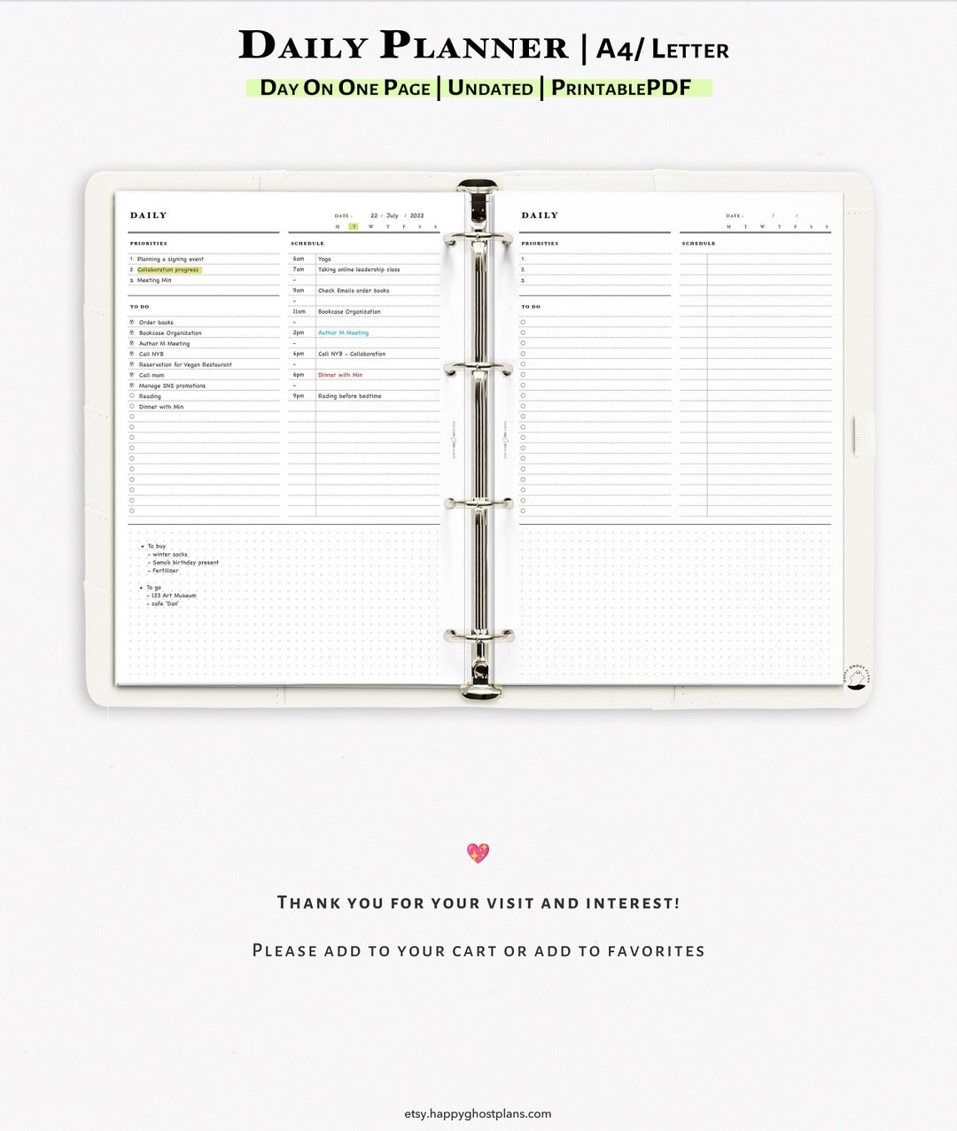 One Page Daily Planner Printable Insert, for A4, Letter Size Planner ...