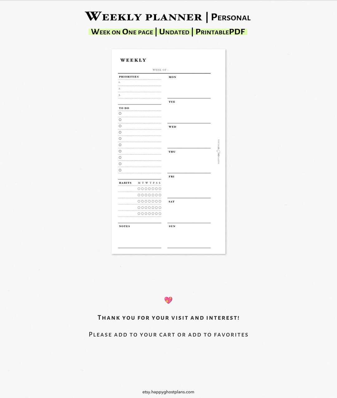 Weekly Planner Printable Insert for Personal Size Planner | Single Page ...