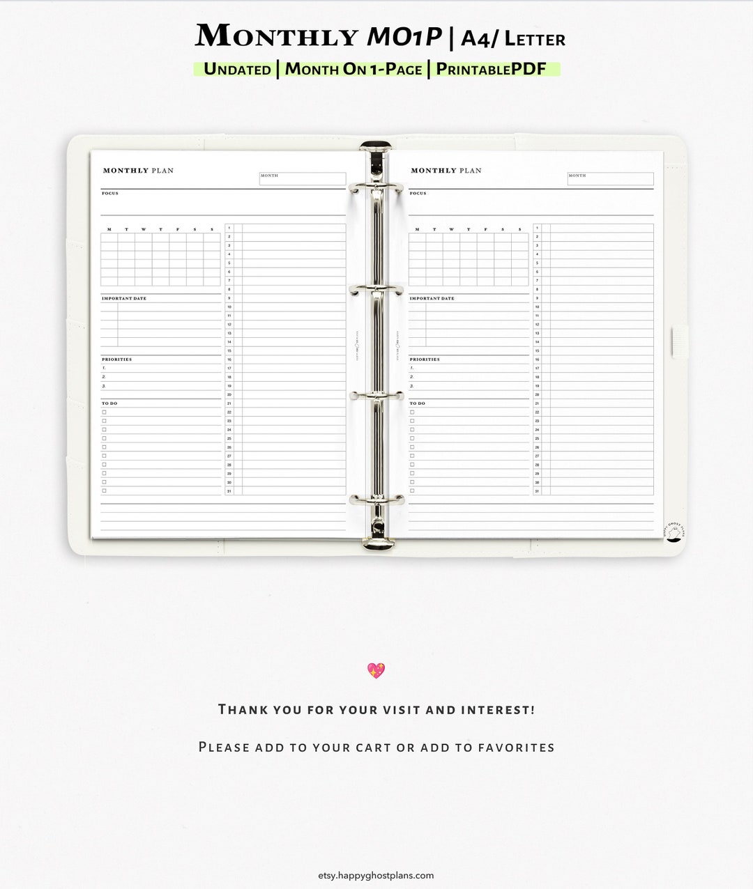 1 Page Monthly Planner Printable A4 Letter Size Planner - Etsy
