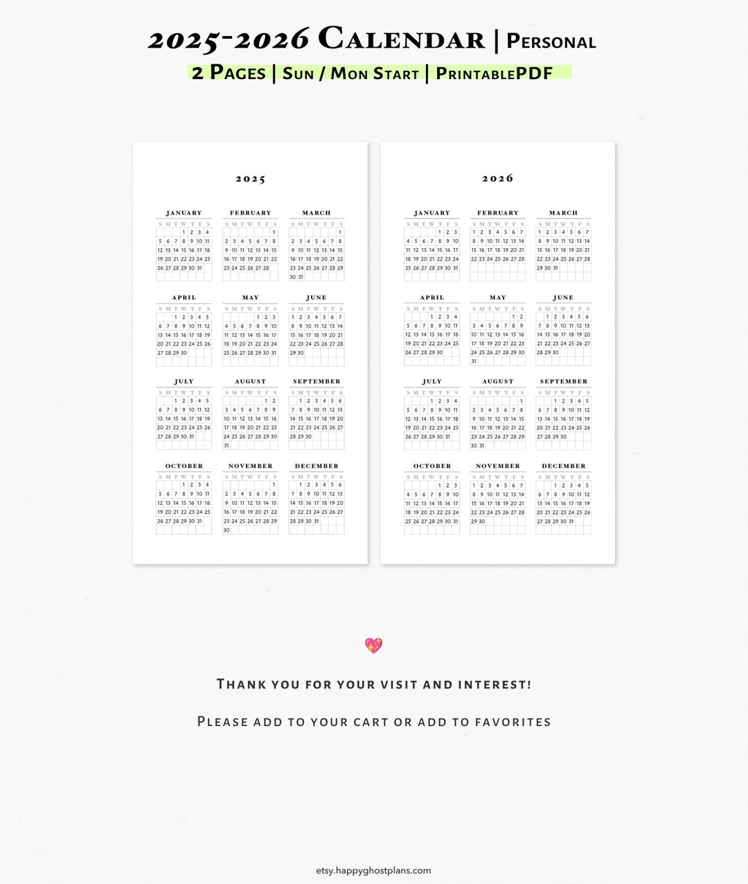 Yearly Calendar 2025-2026, Printable Insert for Personal Size Planner ...