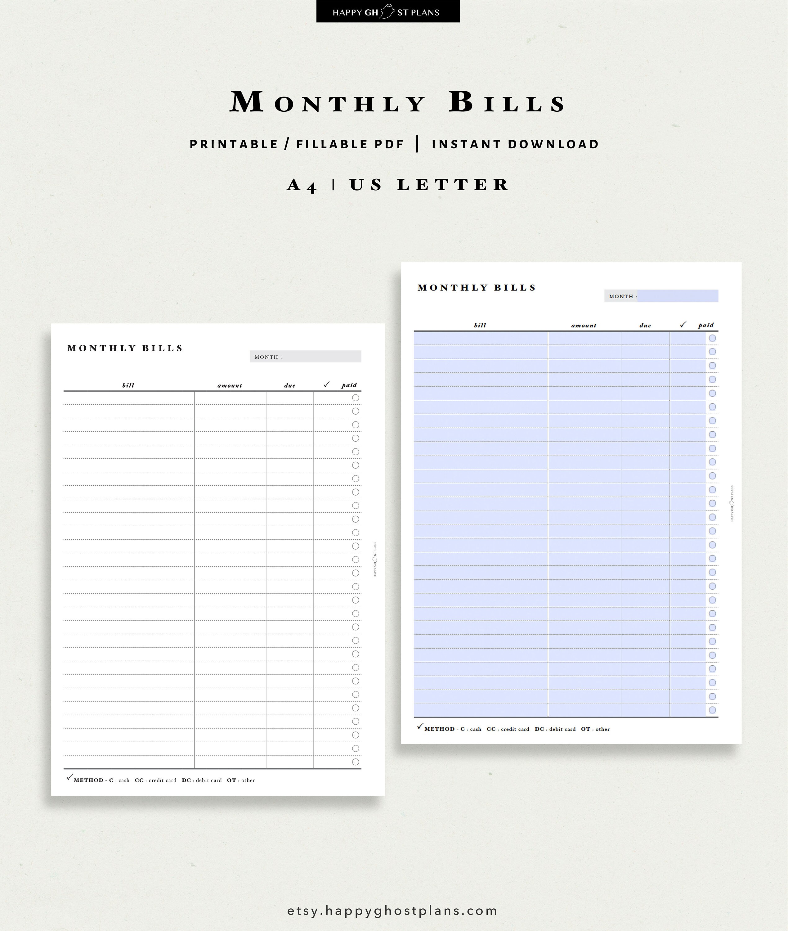Monthly Bills Tracker A4 Us-letter Size Printable PDF With - Etsy