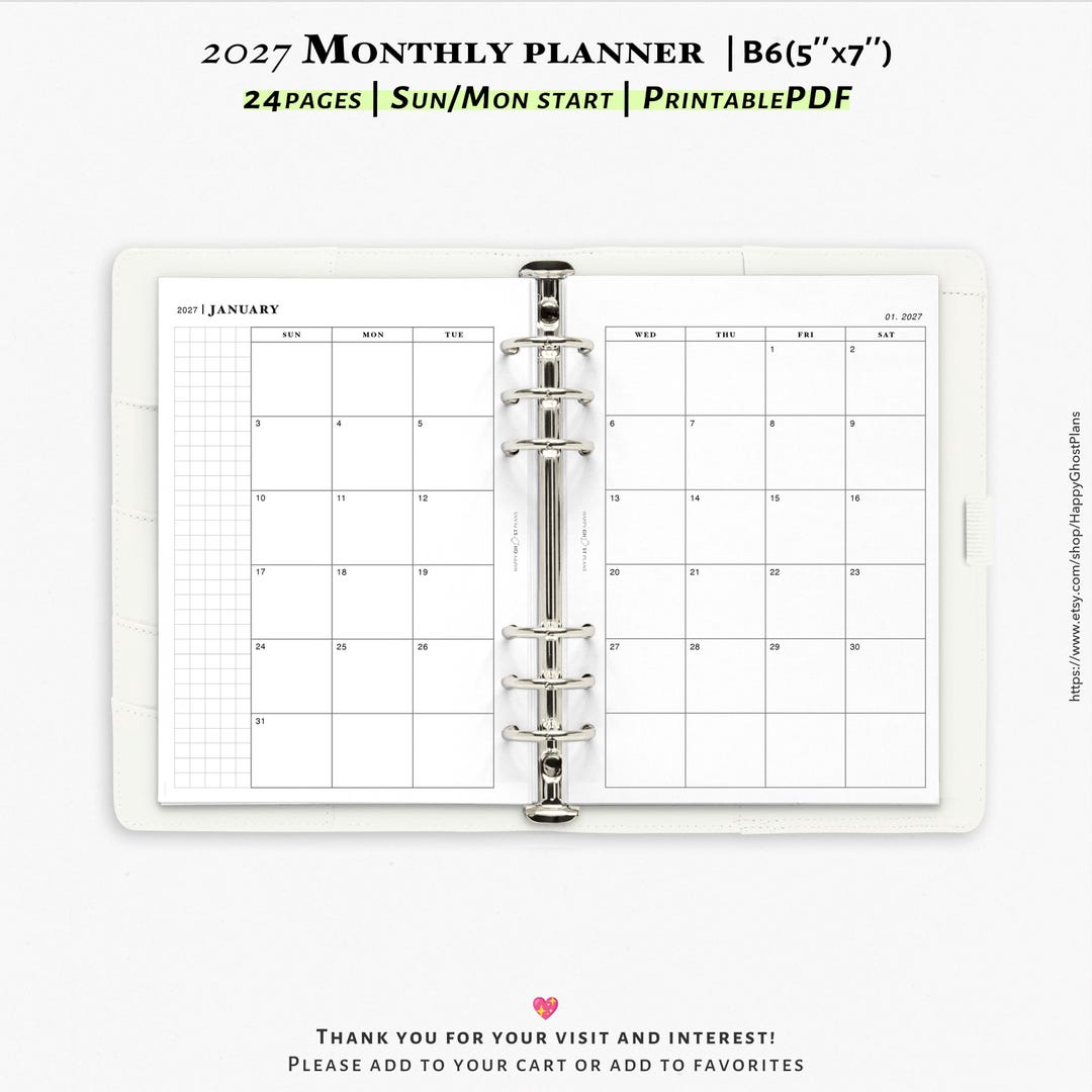 2027 Monthly Planner, Printable B6(5x7 In) Size Planner Inserts | M102 ...