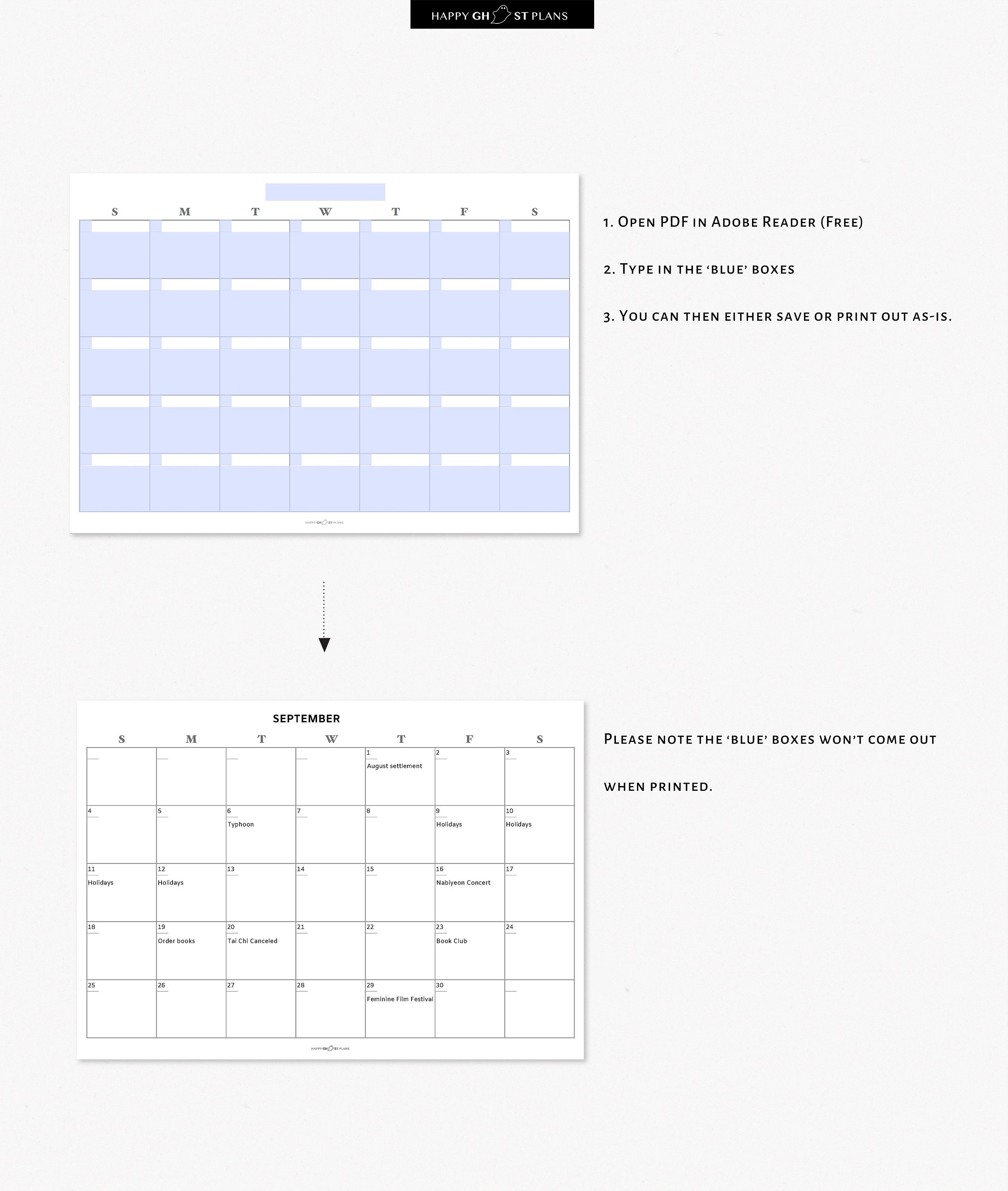 Monthly Planner Fillable and Printable A4, US Letter Horizontal and ...