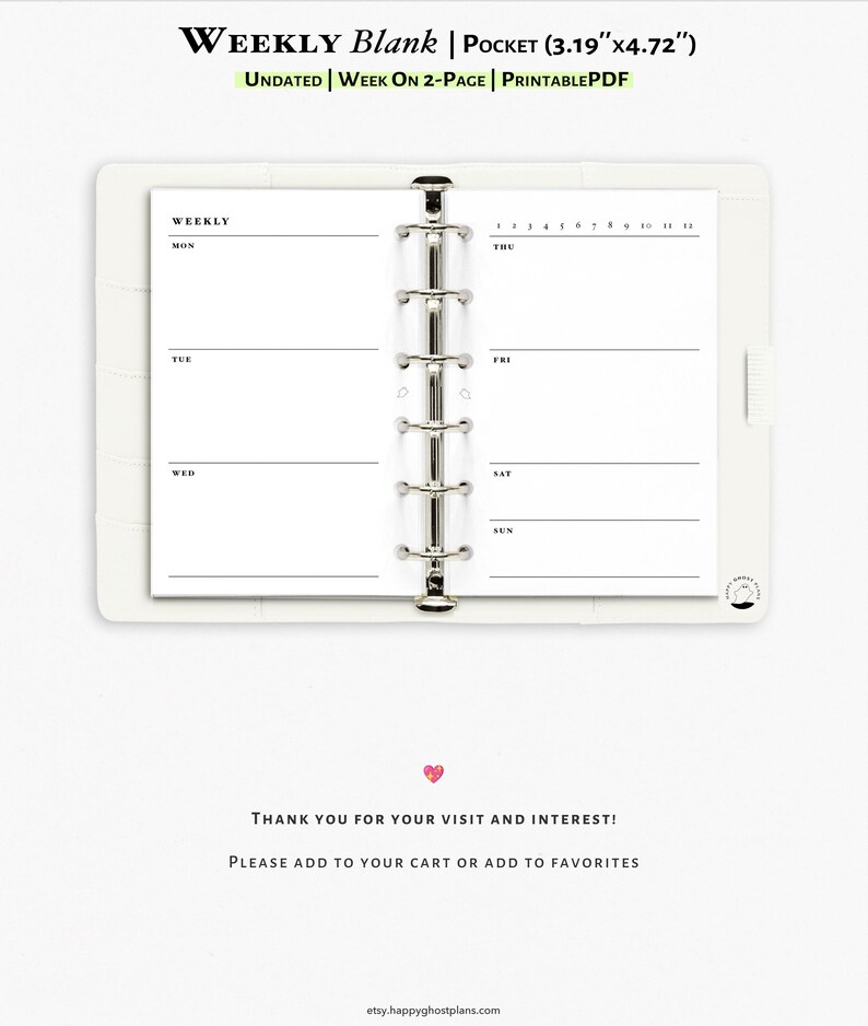 Weekly Planner, Printable Insert for Pocket Size Planner Undated Weekly ...