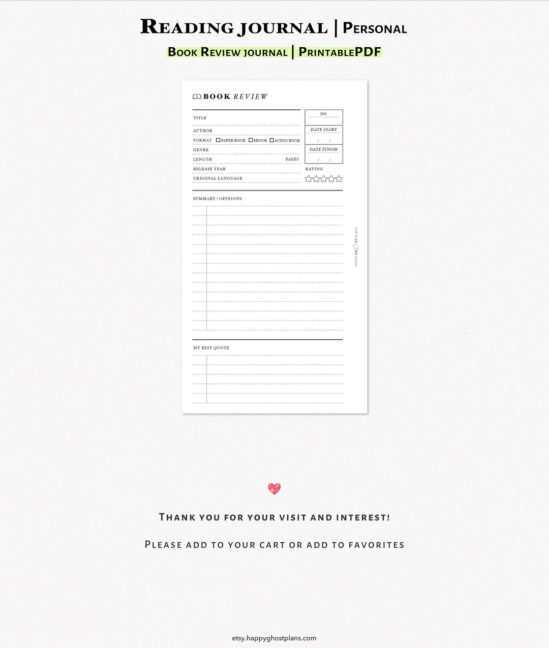 Reading Journal, Book Review Template Printable Insert for Personal ...