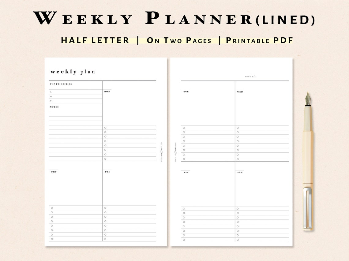 Weekly Planner Printable Half Letter Inserts Week on 2 page | Etsy