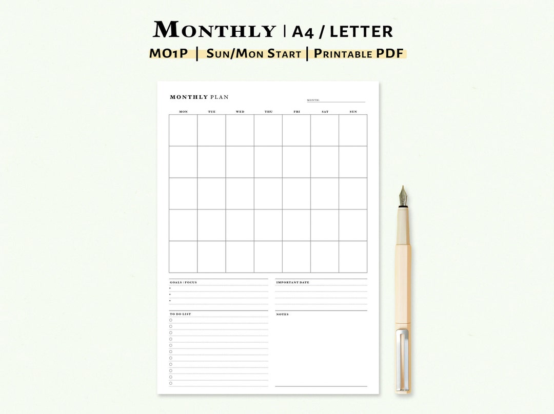 Monthly Planner Printable A4 Letter Size Month on One Page - Etsy Canada