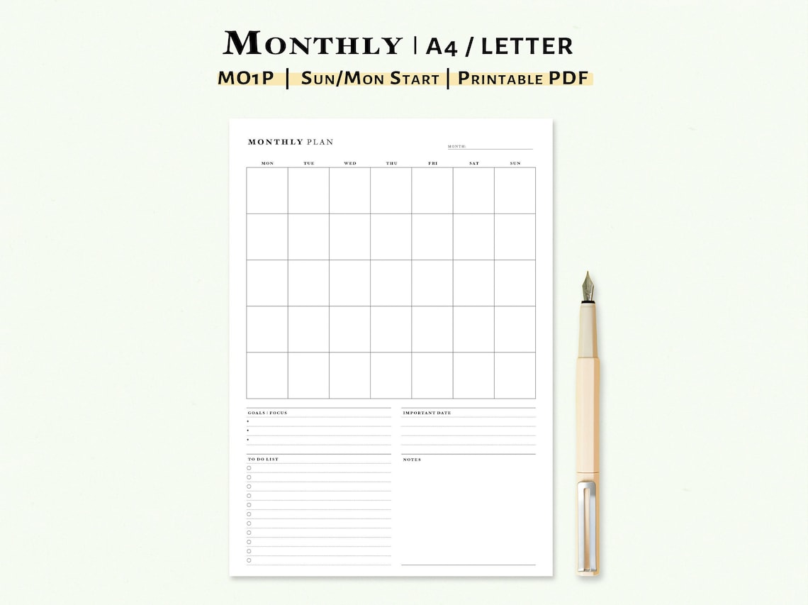 Monthly Planner Printable A4 Letter Size Month on One Page - Etsy Canada