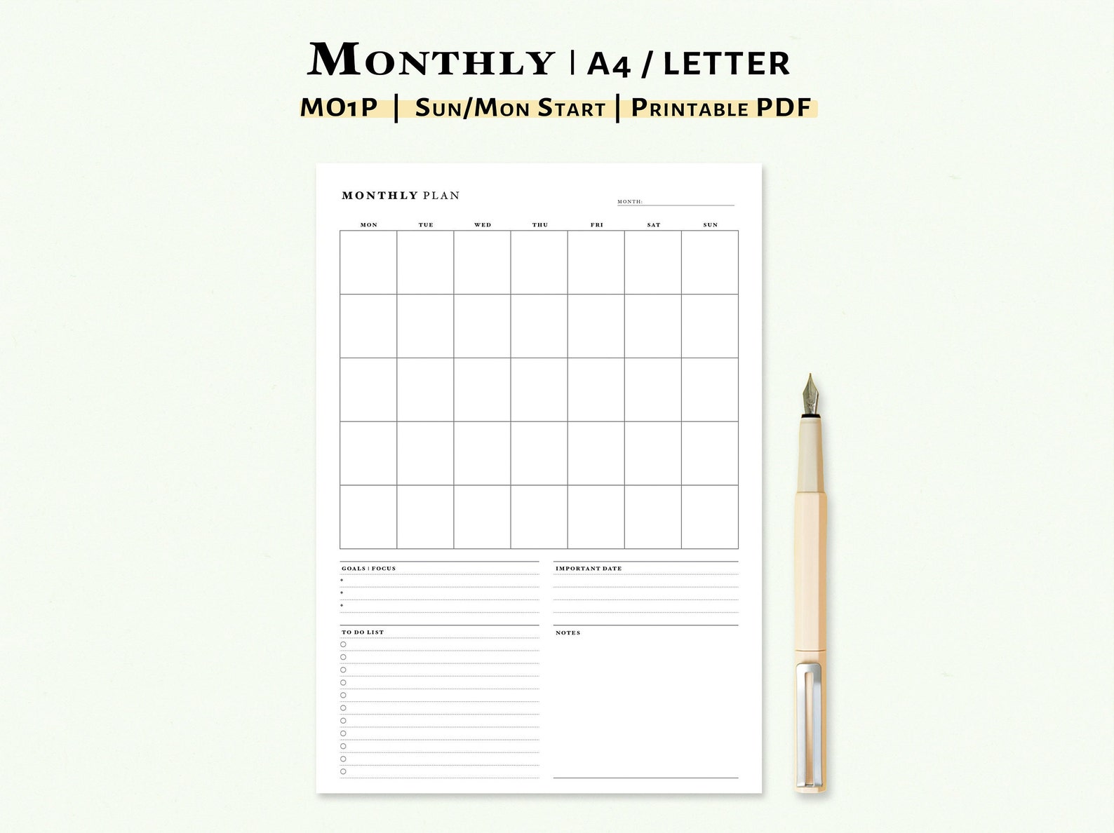 Monthly Planner Printable A4 Letter Size Month on One Page - Etsy Canada
