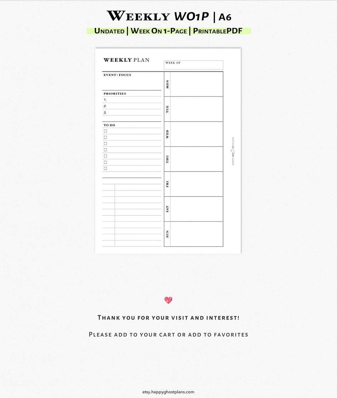 One-page Weekly Planner Printable Insert A6 Planner | Minimal Efficient ...